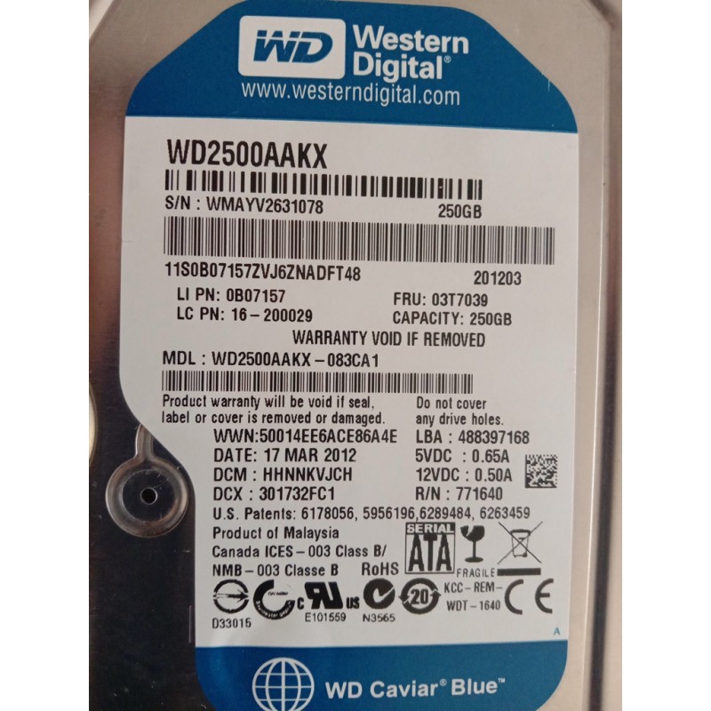 Disque Dur 250Go SATA 3.5" Western Digital Caviar Blue WD2500AAKX